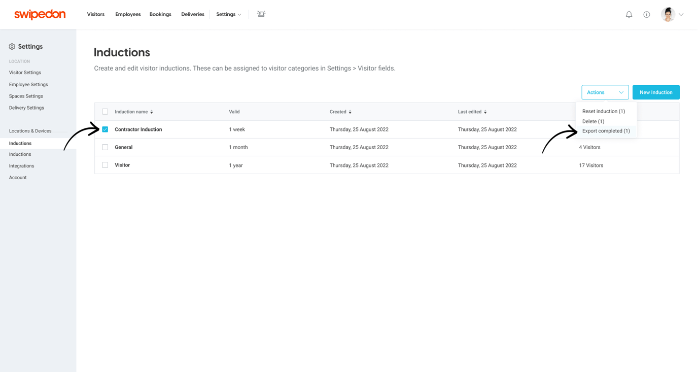 How to export completed Inductions