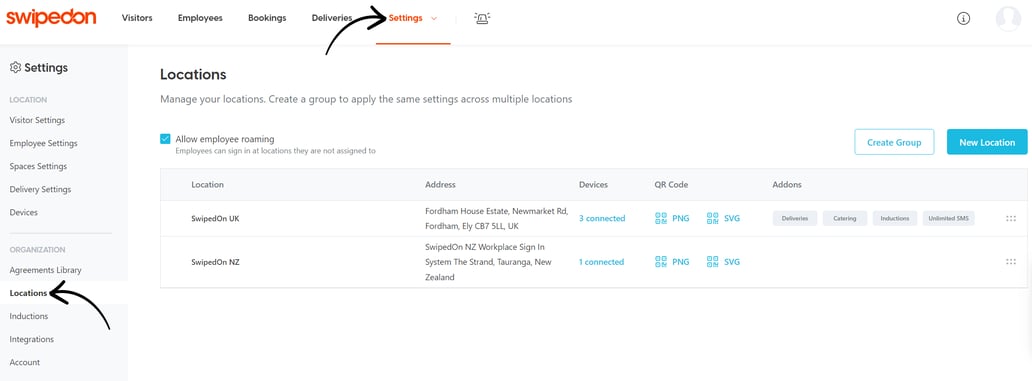 What are 'locations' in the SwipedOn app?
