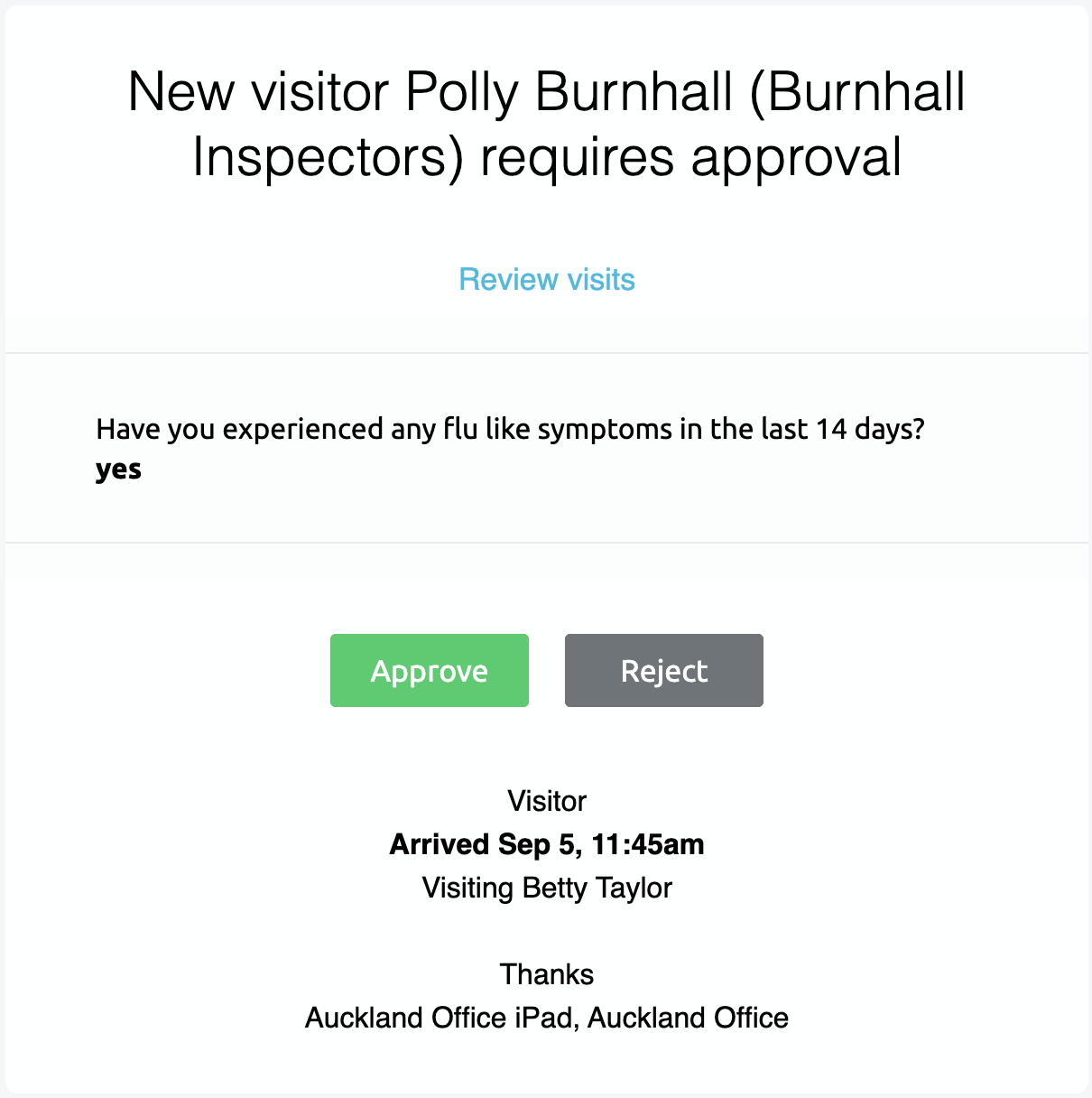 Visitor approval alerts