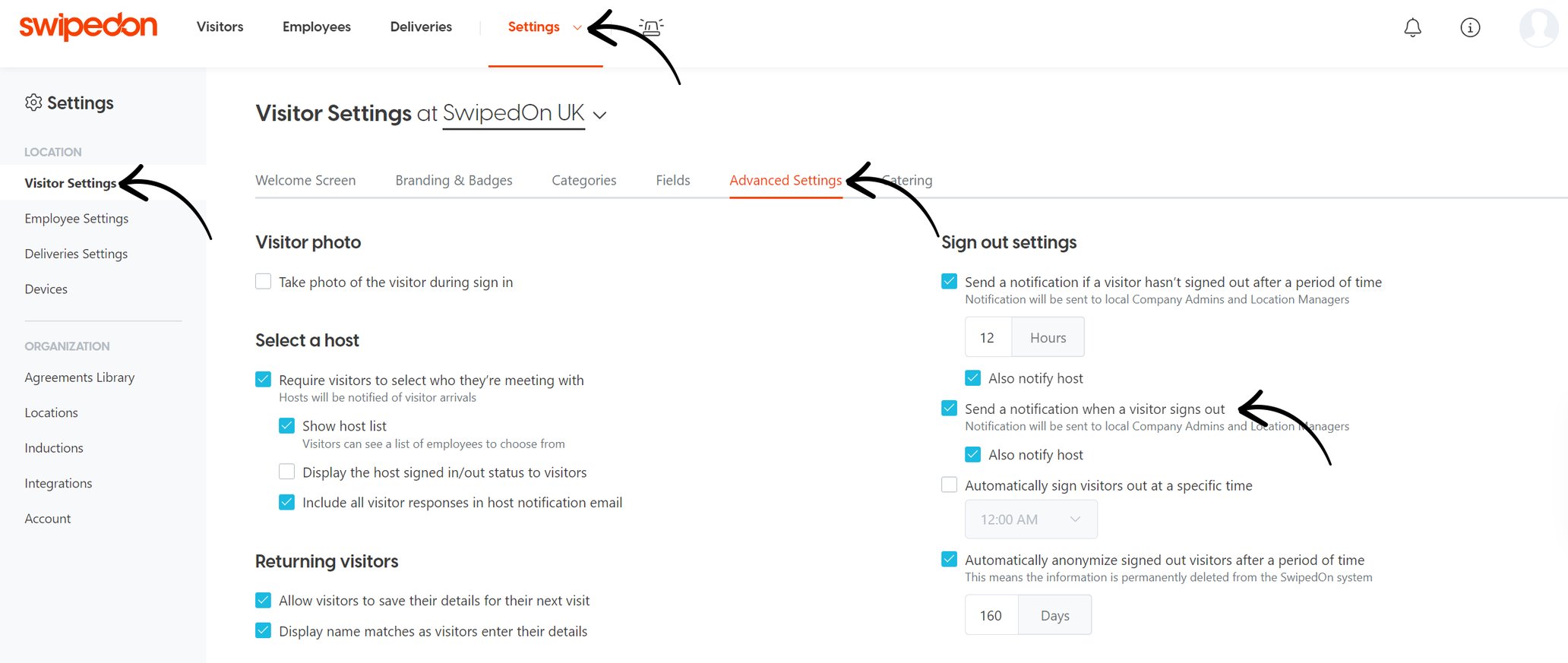 Visitor sign out notifications