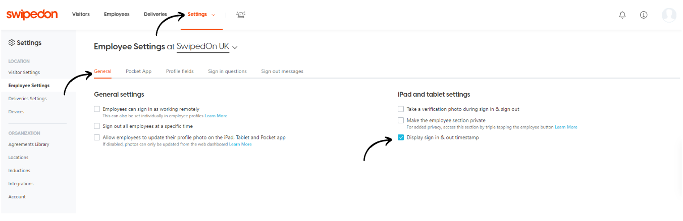 Display employee in/out timestamp on iPad or tablet