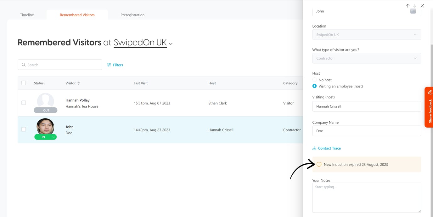 How to view a visitor’s induction status